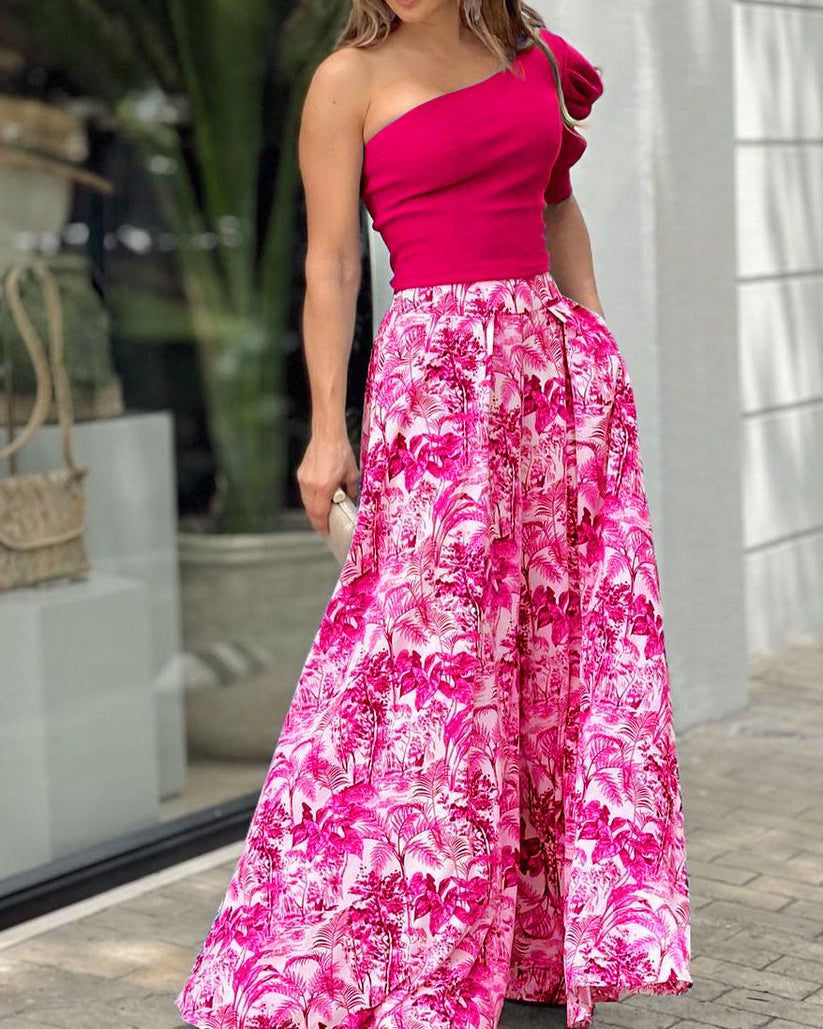 One-shoulder puff-sleeve printed trousers two-piece – msheep.com