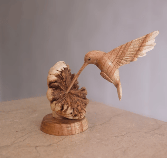 Wooden Hummingbird Feeding on a Flower, Handmade Sculpture – msheep.com
